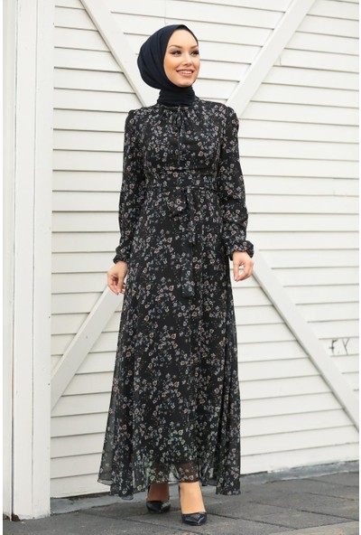 Neva Style Neva Style - Çiçek Desenli Siyah Tesettür Elbise 27902S Neva Style Neva Style - Çiçek Desenli Siyah Tesettür Elbise 27902S