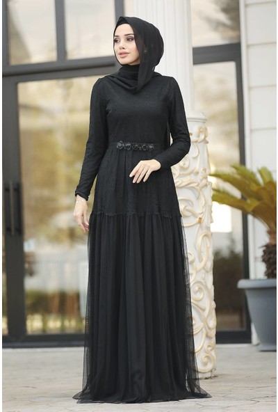 Neva Style Tesettürlü Abiye Elbise - Dantel Işlemeli Siyah Tesettür Abiye Elbise 3980S