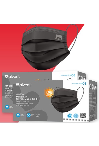 Alvent Siyah Meltblown Maske 100 Adet - Elastik Kulaklı - En Az %98 Koruma - Sertifikalı -TIP2R Alvent Siyah Meltblown Maske 100 Adet - Elastik Kulaklı - En Az %98 Koruma - Sertifikalı -TIP2R