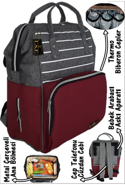 U.S.F Anne Bebek Bakım Sırt Çantası Çizgili Gri Bordo