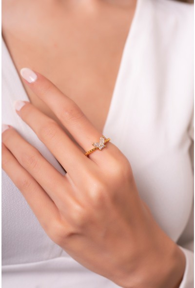 Eva Kelebek Figürlü Taşlı Ayarlanabilir Kaplama Kadın Yüzük