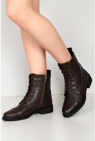 Gönderi® Yuvarlak Burun Kauçuk Taban Topuklu Fermuarlı Bağcıklı Kadın Günlük Bot 20498