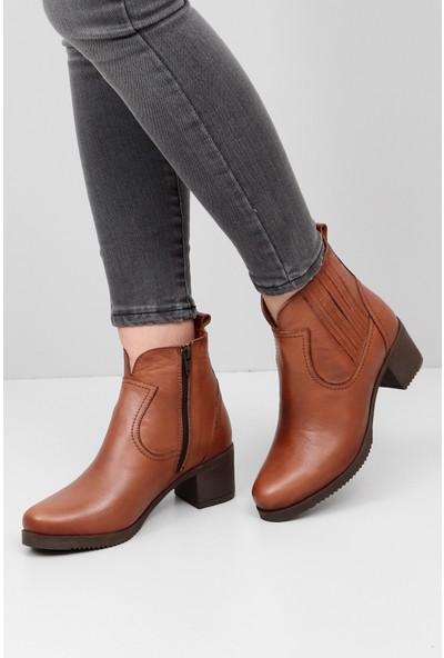 Gönderi(R) Hakiki Deri Yuvarlak Burun Topuklu Kauçuk Taban Fermuarlı Kadın Günlük Bot 10404