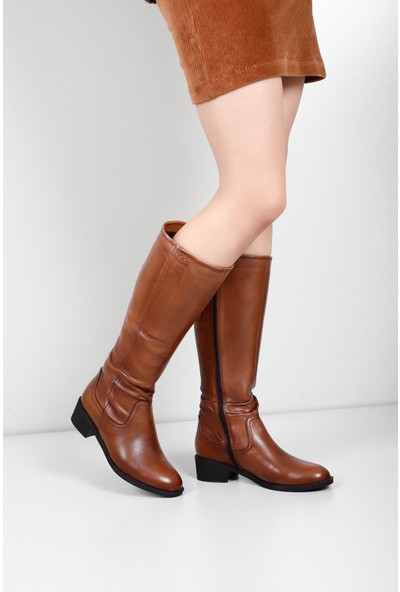Gönderi(R) Hakiki Deri Yuvarlak Burun Kauçuk Taban Topuklu Fermuarlı Kadın Günlük Çizme 46519