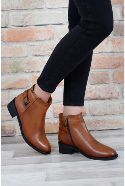 Gönderi(R) Hakiki Deri Yuvarlak Burun Kauçuk Taban Topuklu Fermuarlı Tokalı Kadın Günlük Bot 50415