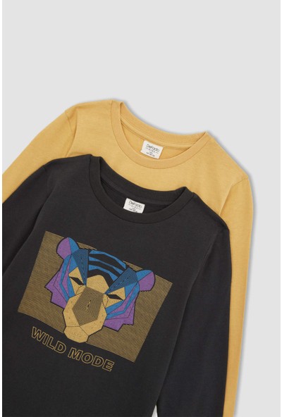 DeFacto Erkek Çocuk Regular Fit Bisiklet Yaka Kaplan Baskılı Uzun Kollu Pamuklu 2'li Tişört W7426A622SP