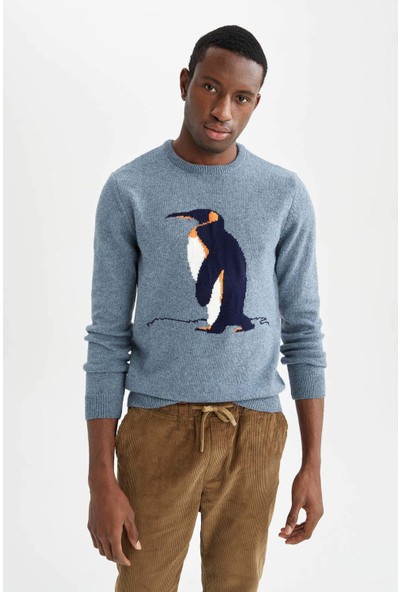 DeFacto Regular Fit Bisiklet Yaka Penguen Figürlü Triko Kazak W6610AZ21CW