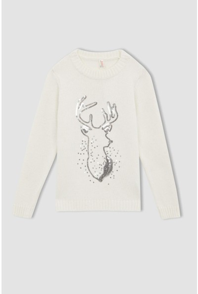 DeFacto Kız Çocuk Regular Fit Bisiklet Yaka Yılbaşı Temalı Geyik Baskılı Kazak W6309A621WN DeFacto Kız Çocuk Regular Fit Bisiklet Yaka Yılbaşı Temalı Geyik Baskılı Kazak W6309A621WN