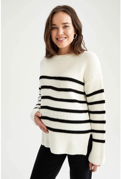 DeFacto Regular Fit Çizgili Bisiklet Yaka Yırtmaçlı Triko Hamile Üst W7771AZ21WN