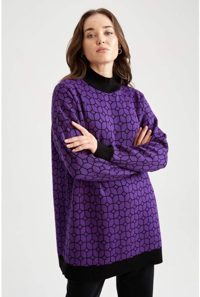 DeFacto Oversize Fit Desenli Yarım Balıkçı Yaka Uzun Kollu Triko Tunik X2592AZ21CW