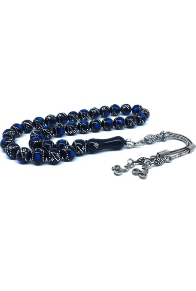 Tesbih Pasajı Mavi Mine ve Gümüş Işlemeli Oltu Taşı Tesbih Tesbih Pasajı Mavi Mine ve Gümüş Işlemeli Oltu Taşı Tesbih