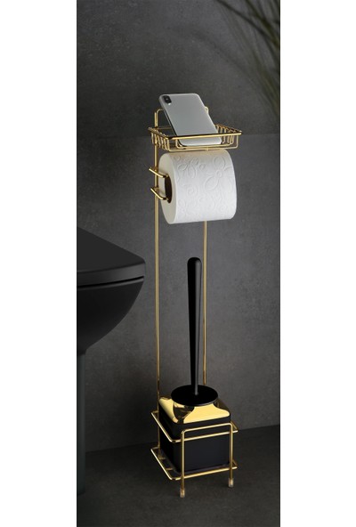 Okyanus Home Gold Wc Kağıtlık ve Siyah Wc Fırçası