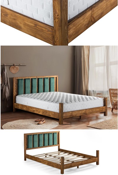 Alp Orion Doğal Ceviz Renk Masif Çam Karyola Çağla Yeşili Puflu Başlık