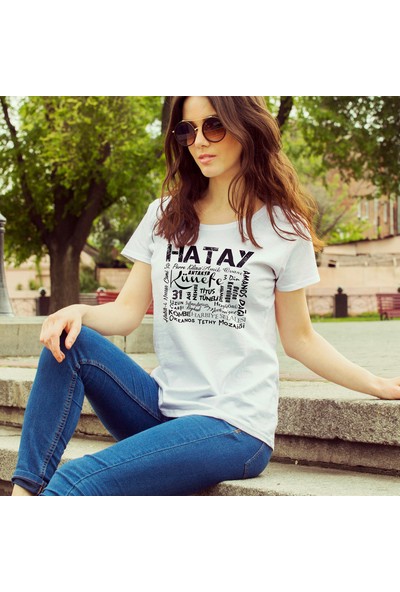 Hediye Sepeti Hataylılara Özel Hediye Baskılı Tişört - Beyaz Renk - Kısa Kollu - Bisiklet Yaka T-Shirt