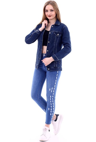 Heybe Shop Likralı Lacivert Kot Ceket+ Slim Yırtıklı Kot Pantolon Kombini