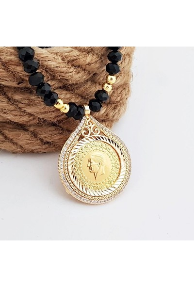 Altın Plaza Siyah Taşlı Yarım Altınlı Kolye KLP5703