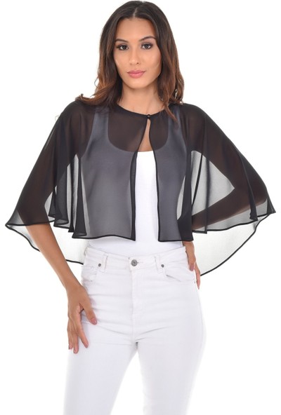 Yuvarlak Yaka Üstten Düğmeli Şifon Siyah Pelerin