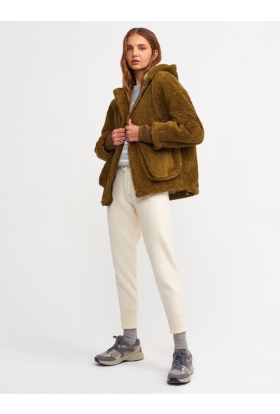 Dilvin 6947 Kapüşonlu Peluş Mont-Haki