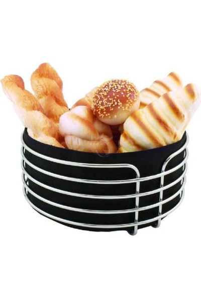 Zuzu Made Metal Krom Şeritli Siyah Kumaş Yuvarlak Ekmeklik Ekmek Sepeti