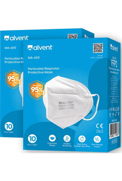 Alvent Ffp2 Ventilsiz Çift Meltblown Katmanlı Maske Iso ve Ce Sertifikalı 20 Adet Alvent Ffp2 Ventilsiz Çift Meltblown Katmanlı Maske Iso ve Ce Sertifikalı 20 Adet