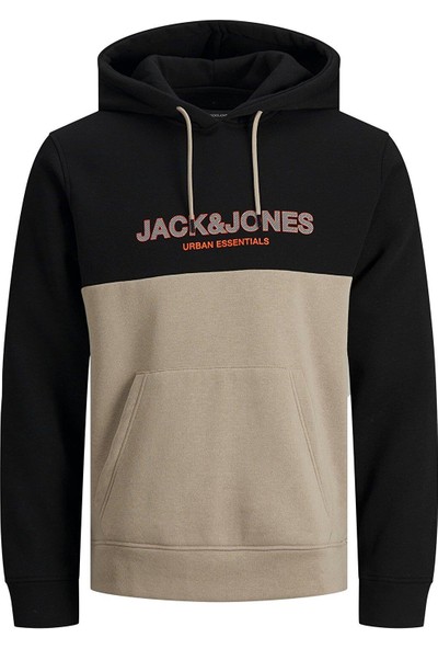 Jack & Jones 12190441_Jjeurban BlockingKapüşonlu Regular Fit Baskılı Krem Erkek Sweatshirt