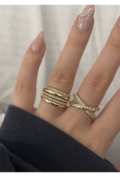 Kiligistanbul Taşlı Çapraz ve Düz Yüzük Çifti