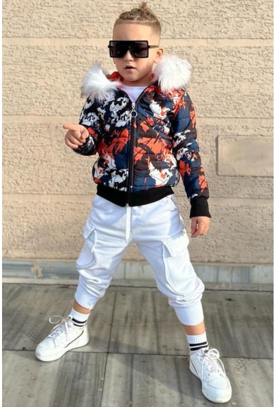 Riccotarz Erkek Çocuk Mix Color Kapüşonu Kürklü Turuncu Mont