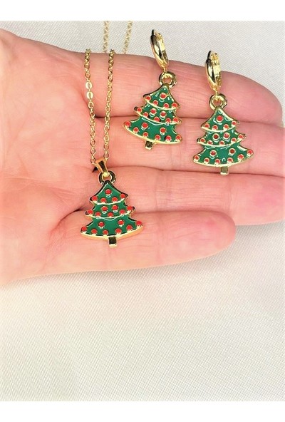 Soiestore Yeniyıl Yılbaşı Çamağacı Altın Kaplama Kolye Küpe Set
