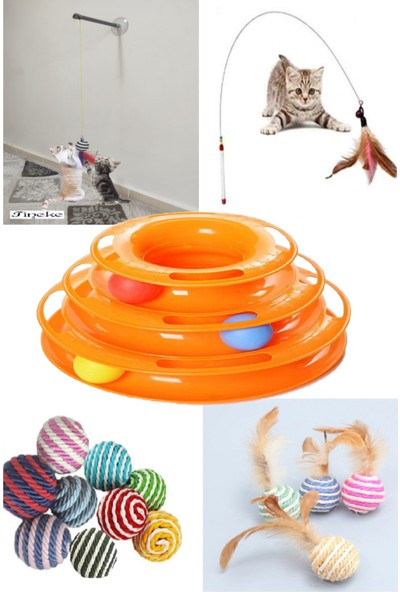 Tineke 5 Li Set 1Adet 90 CM OLTA 1Adet Tüylü Top 1Adet Vantuzlu Olta 1Adet İp Sarma Top 1 Adet 3 Katlı