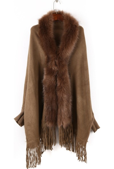 Delicate Girl Narin Kız Sonbahar ve Kış Yeni Moda Bayanlar Pelerin Hırka Suni Kürk Kollu ve Saçaklı Etek Düz Renk Pelerin (Yurt Dışından)