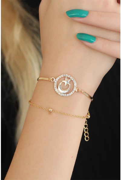 Moco Zirkon Taşlı Ay Yıldız Tasarım Gold Kadın Bileklik Moco Zirkon Taşlı Ay Yıldız Tasarım Gold Kadın Bileklik