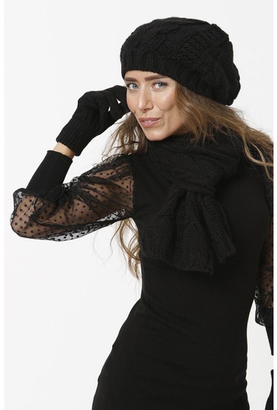 Nacar Çarşı Kadın Triko Örgü Model Bordo Atkı Bere Eldiven Set