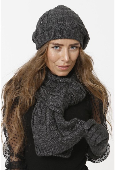 Nacar Çarşı Kadın Triko Örgü Model Atkı Bere Eldiven Set