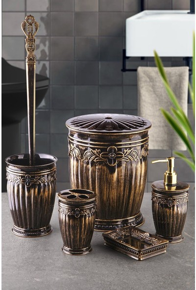 Eba Life Okyanus Antik Antrasit Sultan Serisi 5'li Banyo Seti Tuvalet Fırçası Kovası Sıvı Sabunluk Diş Fırçalık