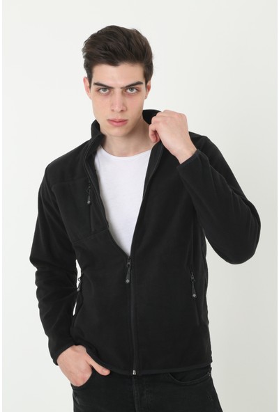 KMK Kombin Erkek Siyah Kol Gögüs Detaylı Fermuarlı Polar Hırka