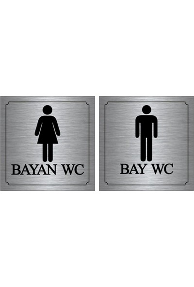 Levhacı Bay-Bayan Wc Yönlendirme Yazısı Metal Gümüş 2'li 12X12 cm