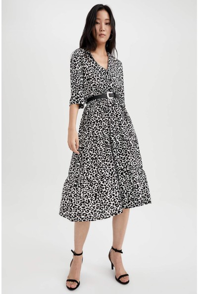 DeFacto Sevgililer Günü Leopar Desenli Kemer Detaylı Midi Gömlek Elbise V6553AZ21AU