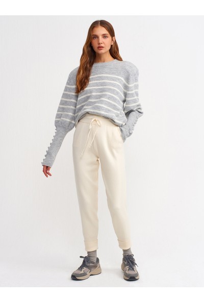 Dilvin 10106 Bisiklet Yaka Vatkalı Çizgili Kazak-Gri