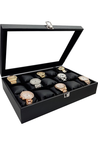 Chavin Siyah Deri 15 Li Üzeri Cam Saat Kutusu ST15-68