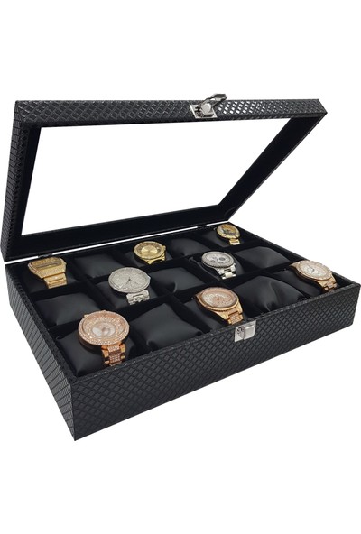 Chavin Siyah Diamond Deri 15 Li Üzeri Cam Saat Kutusu ST15-69