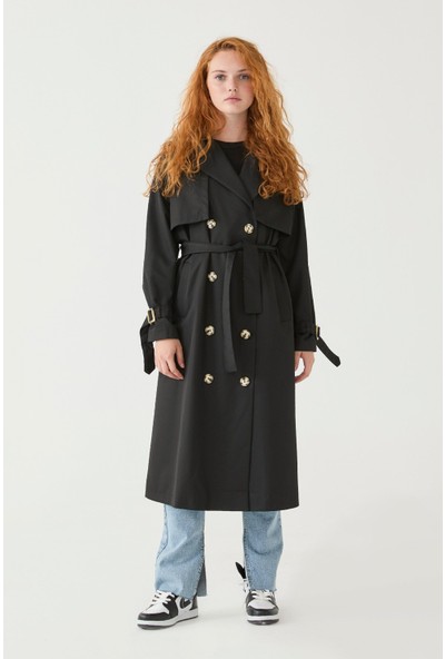 Suud Collection Siyah Uzun Pamuklu Trençkot
