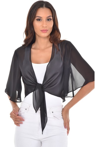 Disentis Modest Yuvarlak Yaka Önden Bağlama Detaylı Volanlı Kısa Kollu Şifon Siyah Bolero Disentis Modest Yuvarlak Yaka Önden Bağlama Detaylı Volanlı Kısa Kollu Şifon Siyah Bolero