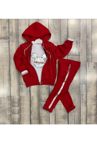 Mojqueno Kids Kız Çocuk Eşofman Takımı Inci Takım Şardonlu Hırka - Sweatshirt - Şardonlu Tayt Penye 3'lü Takım