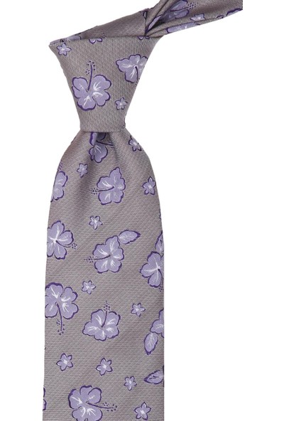 Kravatkolik Gri Çiçek Desen Ipek Kravat İK433