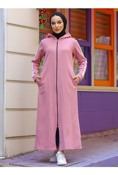 Hakimoda Kolları Şeritli Kapüşonlu Ferace