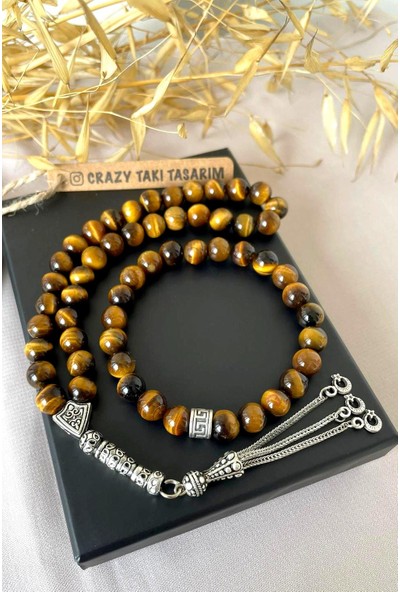 Crazy Takı Tasarım 8 mm Doğal Kaplan Gözü Taşından Hediyelik Bileklik&tesbih Kombin