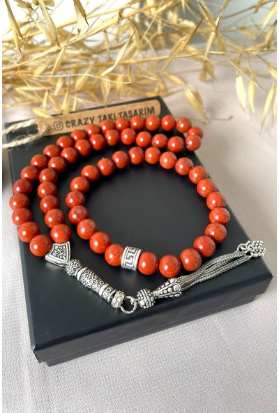 Crazy Takı Tasarım 8 mm Doğal Kırmızı Jasper Taşından Hediyelik Bileklik&tesbih Kombin