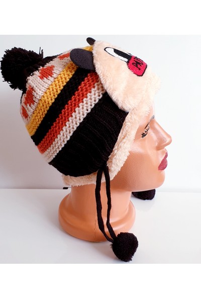 Magrib Koyu Kahverengi Peluş Ayıcık Figürlü Ponponlu Içi Polarlı Örme Çocuk Bere