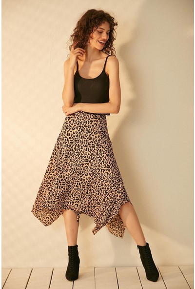 Hera Fashion Leopar Desen Asimetrik Kesim Desenli Etek