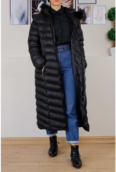 İmaj Butik Içi Tam Dolu Uzun Şişme Mont-Siyah